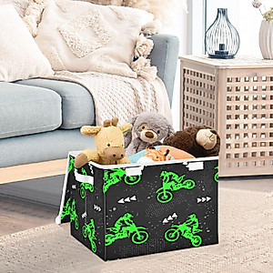 Krafig Green Motocross Foldable Storage Box Large Cube Organizer Bins Containers Baskets with Lids Handles for Closet Organization, Shelves, Clothes, Toys