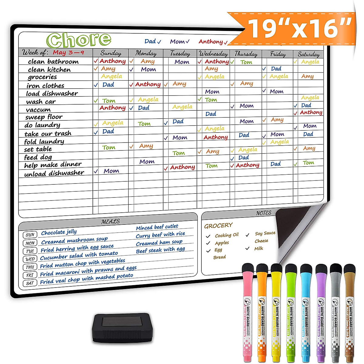 JJPRO Magnetic Dry Erase Chore Chart for Multiple Kids and Adults:Large Whiteboard16"x19"-Chore Kids,Calendar,Meal Board Notes All-in-One,Behavior Kids,Teenagers, White