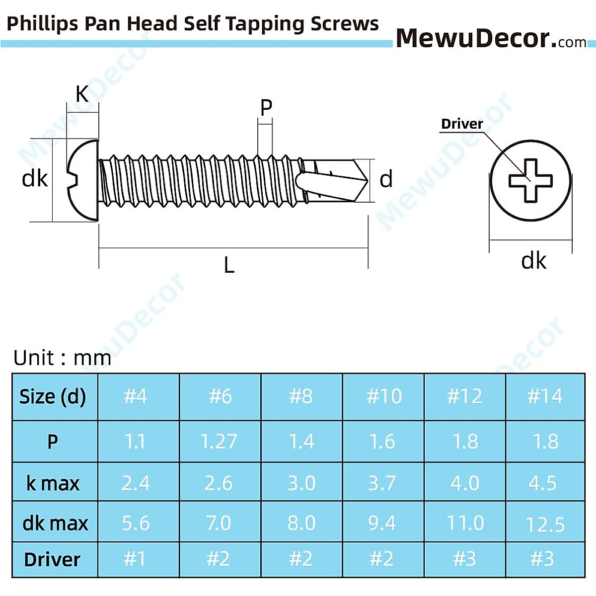 #14 x 1" Pan Head Self Tapping Screws Sheet Metal Screws, Stainless Steel 410, 50 PCS