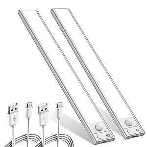 ULG Motion Sensor Under Cabinet Lights 12'' USB-C Rechargeable Closet Lights 47 LED Under Cabinet Lighting Wireless 6000K Dimmable Under Counter Lights for Kitchen, Hallway, Stairway - 2/Pack