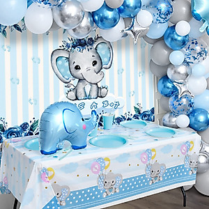 Winrayk Elephant Baby Shower Decorations Boy, Blue Elephant Balloon Garland Arch Kit It's a Boy Backdrop Tablecloth Foil Balloon, Elephant Theme Birthday Party Supplies Baby Boy Shower Decorations