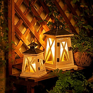 Decorative Candle Lantern Vintage Wood Lanterns with Glass Rustic Hanging Candle Holders Decor for Farmhouse Outdoor Garden Home