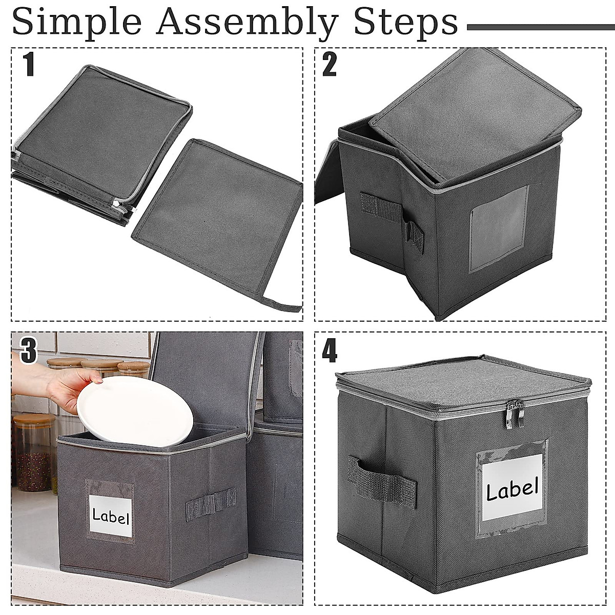 Karenhi 4 Pcs China Storage Containers Hard Shell, China Plate Storage Containers with Lid Stackable Platter box for Dishes Plates, Grey