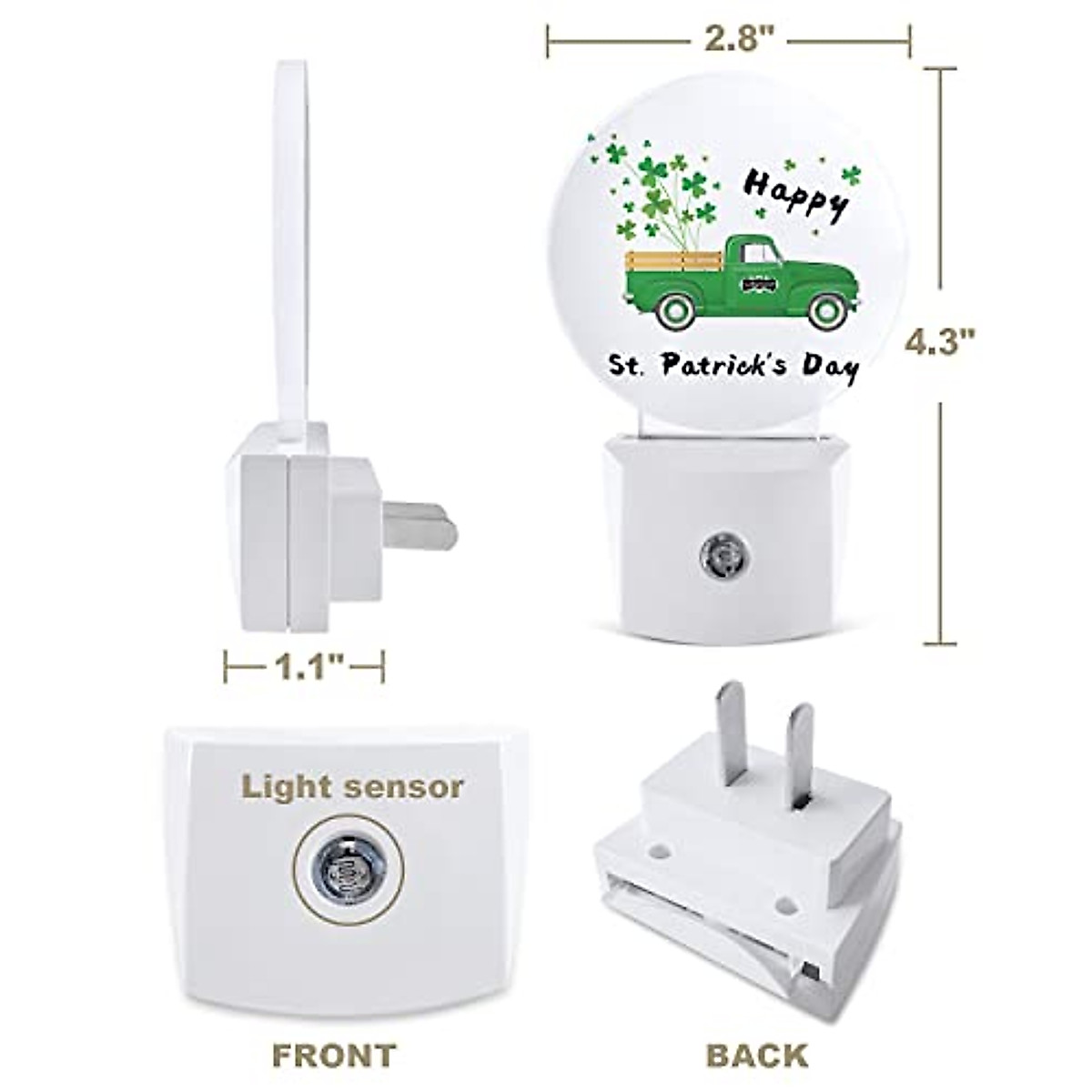 Happy St.Patrick's Day Truck Night Lights Plug into Wall, Irish Clover Green Auto Round LED Lights with Dusk to Dawn Sensor for Bedroom, Bathroom, Hallway, Kitchen, Kids, Home Decor