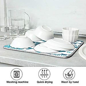 Animal Shark Ocean Dish Drying Mat 16"x18" Absorbent Machine Washable Hanging Fast Dry Pad Dish Protective Mat for Kitchen Countertop Heat Resistant Dinner Table Mat