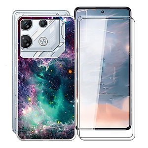 KJYFOANI for Infinix GT 10 Pro Case with 2 x Tempered Glass Screen Protector, Transparent Shockproof Solf Silicone Protection Case for Infinix GT 10 Pro, Case for Women Men, (6.67") - Glisten