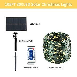 MZD8391 300LED Outdoor Solar String Lights with 8 Lighting Modes, 105 Feet Waterproof Solar Powered Lights for Indoor Outdoor Christmas Patio Garden Yard Wedding Party Tent Tree Decor, Warm White