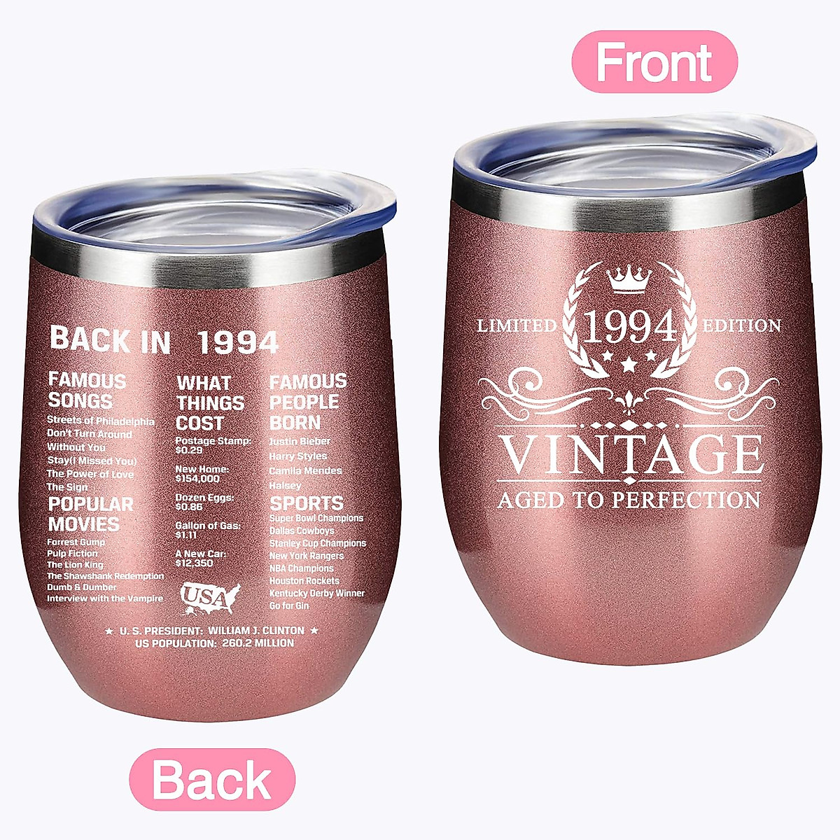 30th Birthday Gifts for Women Friends, 12 Oz Insulated Stainless Steel Wine Tumbler with Lid, Double Side Printed Birthday Thermos cup, Back in 1994 Old Time Information, Best Birthday Gifts