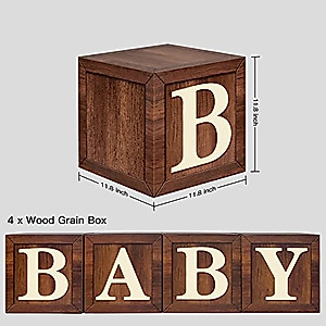 Wood Print Baby Shower Boxes for Teddy Bear Birthday Party Centerpiece - 4 Pcs Wood Grain Baby Cubes Rustic Baby Blocks with Letters, Brown Baby Shower Decorations