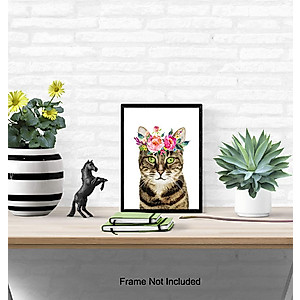 Tabby Cat Wall Art Decor - Kitten, Kitty, Cat Lover Gifts for Women - Cute Floral Wall Art Poster - Adorable Room Decoration for Girls Bedroom, Kids Room, Living Room, Baby Nursery