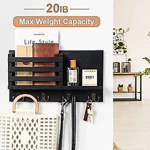 Nekon Mail Holder for Wall – Rustic Mail Organizer with Key Hooks for Hallway Kitchen Farmhouse Decor – Letter Sorter Made of Paulownia Wood with Floating Shelf, (16.5” x 9.1” x 3.4”)