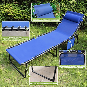 Yardenaler Outdoor Foldable Chaise Lounge Chair with Detachable Pillow & Pocket, Portable Tanning Chair with 4 Position Adjustable Back, Patio, Beach and Pool, Blue