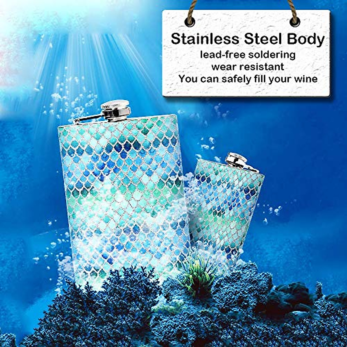 Mermaid 8oz hip stainless steel flask whith flasks for liquor for women,whiskey flask for women,Great Gift Idea Flask (Dream blue)