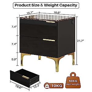 Wuden LED Nightstand with Charging Station,Vintage Faux Marble High Gloss Bedside Table with 2 Drawers,Stylish End Table with LED Lights for Bedroom and Living Room,Easy Assembly,Black