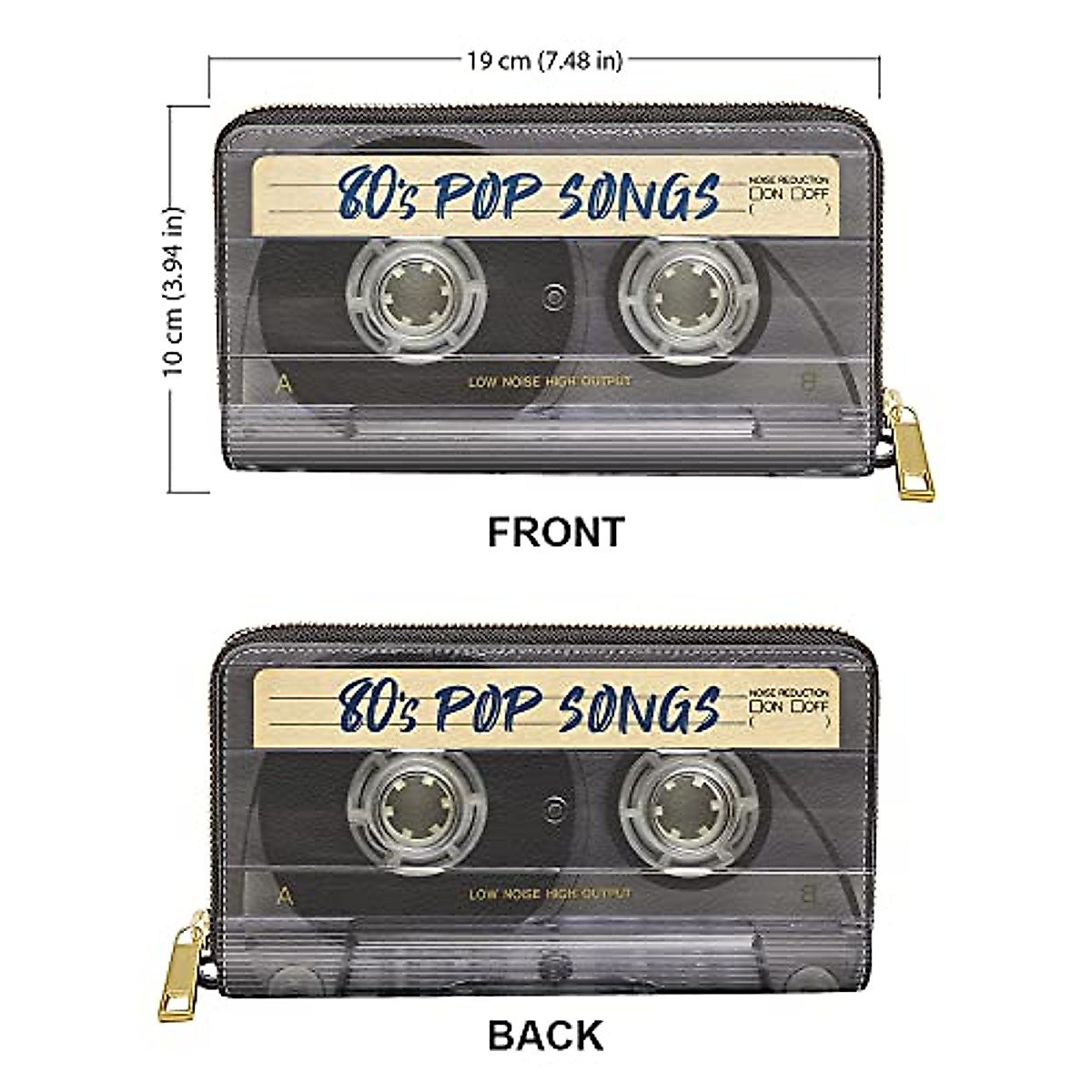 WIRESTER PU Leather Clutch Purse Card Holder Wallet, Zip Around Long Wallet for Women - Retro Clear Cassette Tape Pop Songs