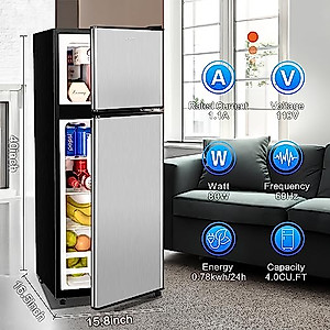 Anukis Compact Refrigerator 4.0 Cu Ft 2 Door Mini Fridge with Freezer For Apartment, Dorm, Office, Family, Basement, Garage, Silver