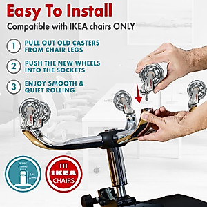 Professional Office Chair Wheels 10mm Stem - FIT IKEA Chairs ONLY - 3'' Replacement Rollerblade Rubber Chair Casters - Best Protection for Your Hardwood Floors Without Any Chair MATS - Silver