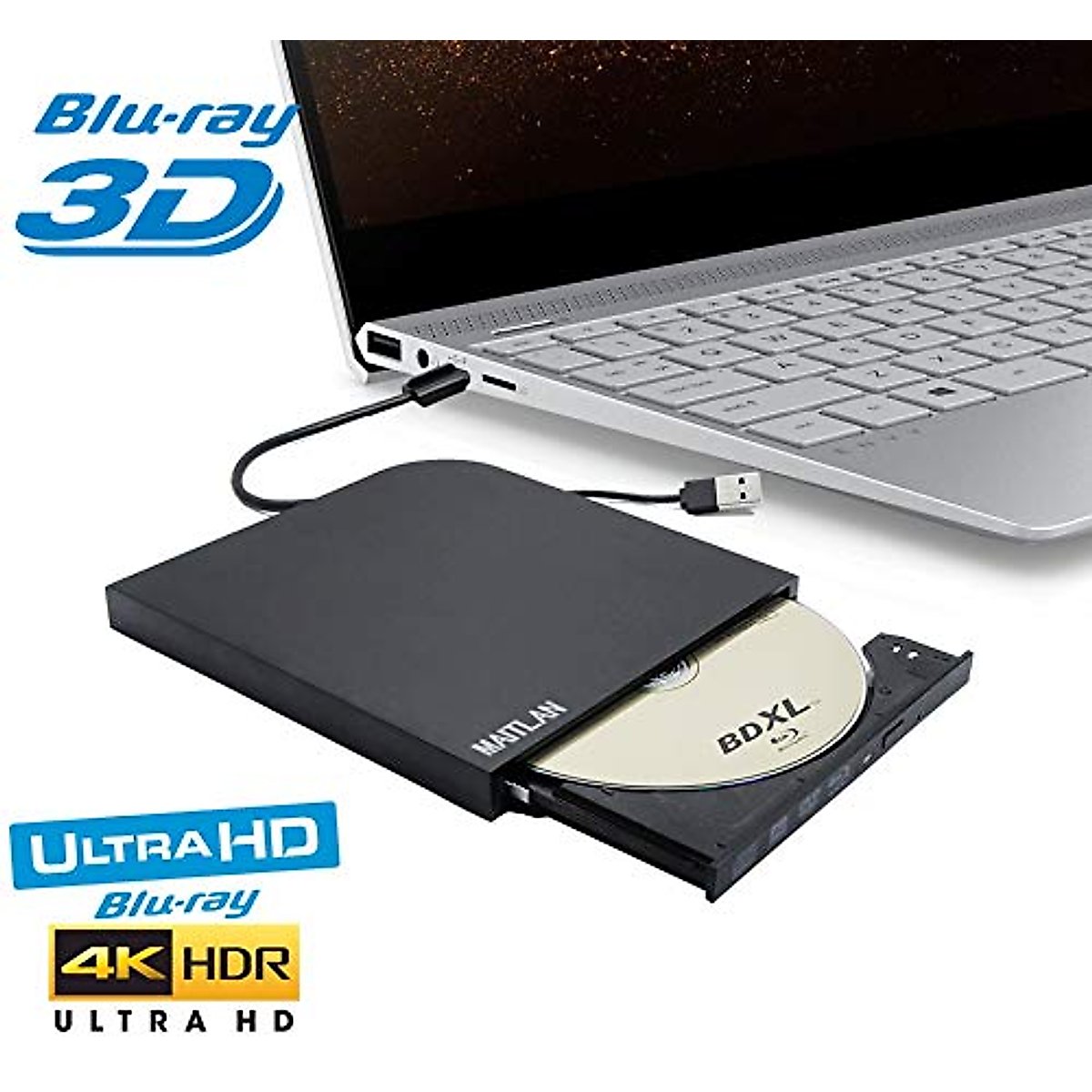 Ultra Slim External 4K UHD HD 3D Blu-ray Disc Player, USB Type-A & Type-C USB-C 2-In-1 6X BD-R BD-RE DL BDXL 100GB DVD-R M-Disc Burner Portable Optical Drive, for Windows 10 Mac OS Laptop & Desktop PC
