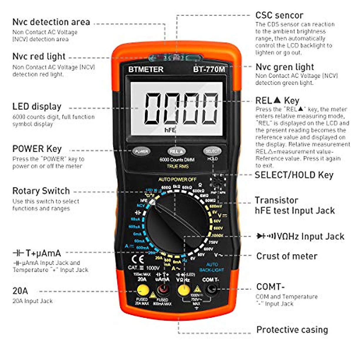 Digital Multimeter TRMS 6000 Count, BTMETER BT-770M Auto/Manual Ranging DMM Electrical Meter Tester for AC/DC Amp, AC/DC Volt, Ohm Capacitance Frequency Continuity Temperature NCV, Auto Backlight