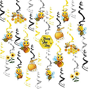 UOMNICUE Bee Hanging Swirl Decorations,30 PCS Double Sided Bumble Bee Swirls Foil Ceiling Streamers Honey Bee Theme Party Supplies for Kids Birthday Baby Shower Bee Day Spring Summer Party Decoration