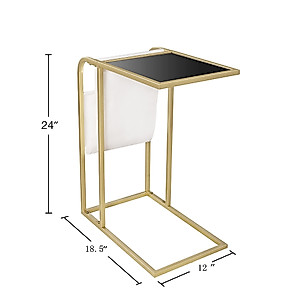 HAWOO Rectangle Nightstand, C Shaped End Snack Side Table Slide Under Couch with Glass Top and Storage for Sofa Coffee Laptop Living Room Bedroom Small Space, 18.5" L x 12" W x 24" H