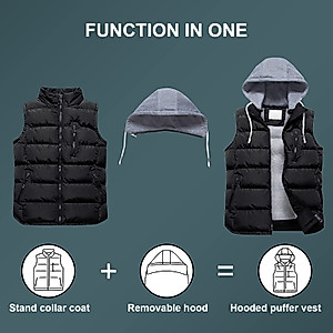 CREATMO US Women's Warm Winter Vest Thick Padded Puffer Vest Waistcoat With Detachable Hood Black L
