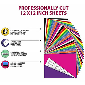Kassa 60-Piece Permanent Vinyl Sheets | 10 Bold Colors in 12" x 12" with a Squeegee Included | Compatible with Cricut, Silhouette & Other Cutting Machines | for DIY Art Projects, Styling & Decorating