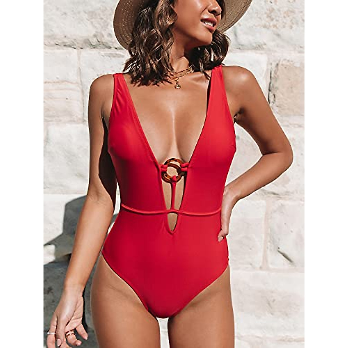 CUPSHE Women One Piece Swimsuits O Ring Red Strappy Lace Up Monokini Swimsuits Bathing Suit, M
