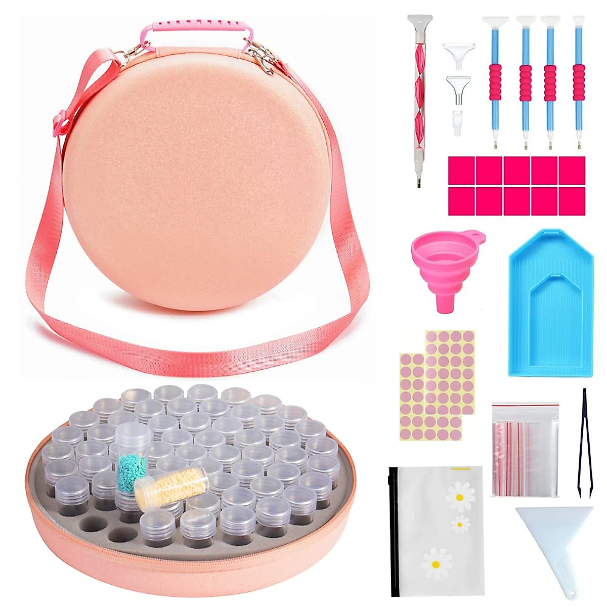 VERREO 60-Slot Diamond Painting Storage Box, Bead Storage Container Diamond Painting Accessories Kit 5D Diamond Art Craft Jewelry Pearl Ring Charm Flash Storage Box (60 Slots Pink Round)