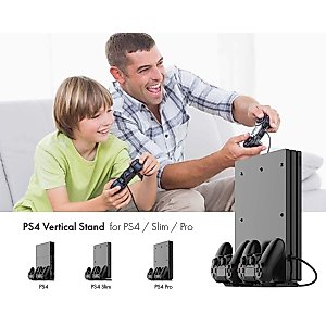 ElecGear Vertical Charging Stand for PS4, Dual Charging Station Charger Dock for DualShock 4 Controller with 4X Mini Dongle Adapter and 2X USB Port Accessory Kit for PS4, PS4 Slim, PS4 Pro