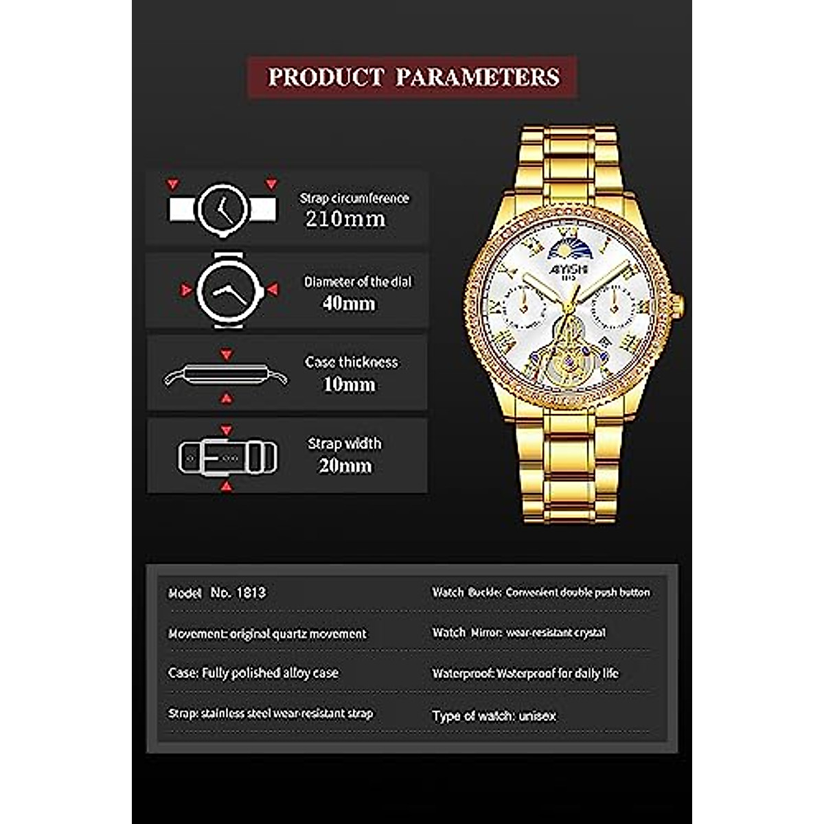 AIYISHI Unisex Golden Watches Luxury Diamond Fashion Waterproof Stainless Steel Luminous Calendar Date Quartz Wrist Watch for Men and Women