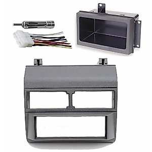 Grey Gray Complete Single Din Dash Kit + Pocket Kit + Wire Harness + Antenna Adapter Compatible with Chevrolet & GMC 1988-1996 Select Models