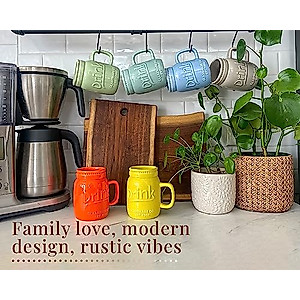 Mason Jar Mugs - Set of 6-15oz - Ceramic, Vibrant Colors - Great for Coffee, Tea, Cold/Hot Drinks, Indoor/Outdoor Parties - Farmhouse Décor
