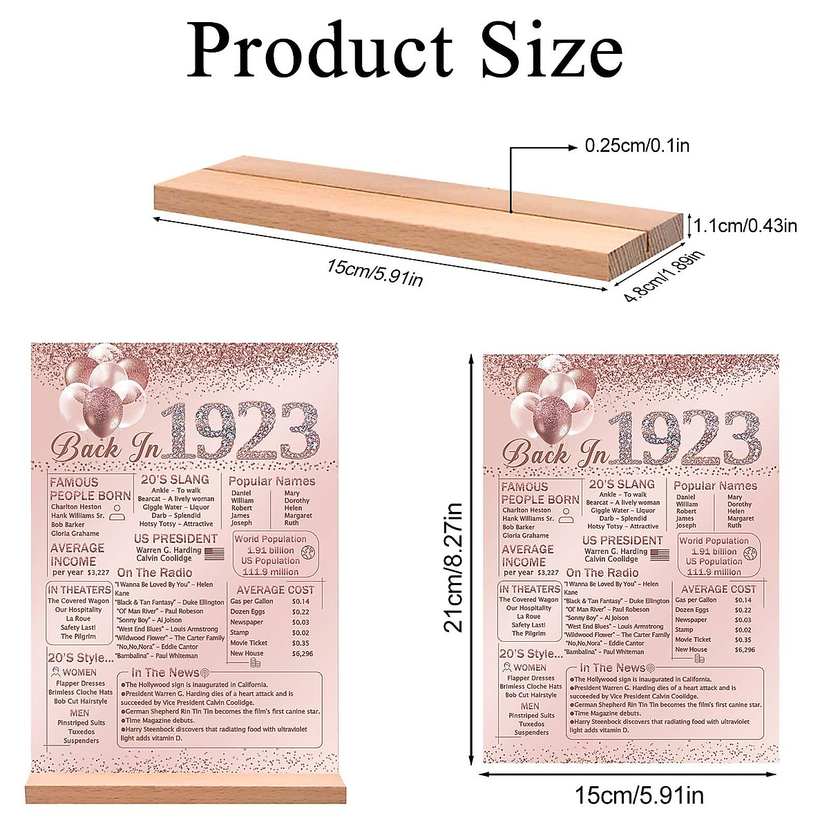 Vlipoeasn Pink 101st Birthday Anniversary Table Decoration 1923 Poster for Women, Rose Gold Back in 1923 Acrylic Table Sign with Wooden Stand, 101 Year Old Birthday Party Centerpieces Gift Supplies