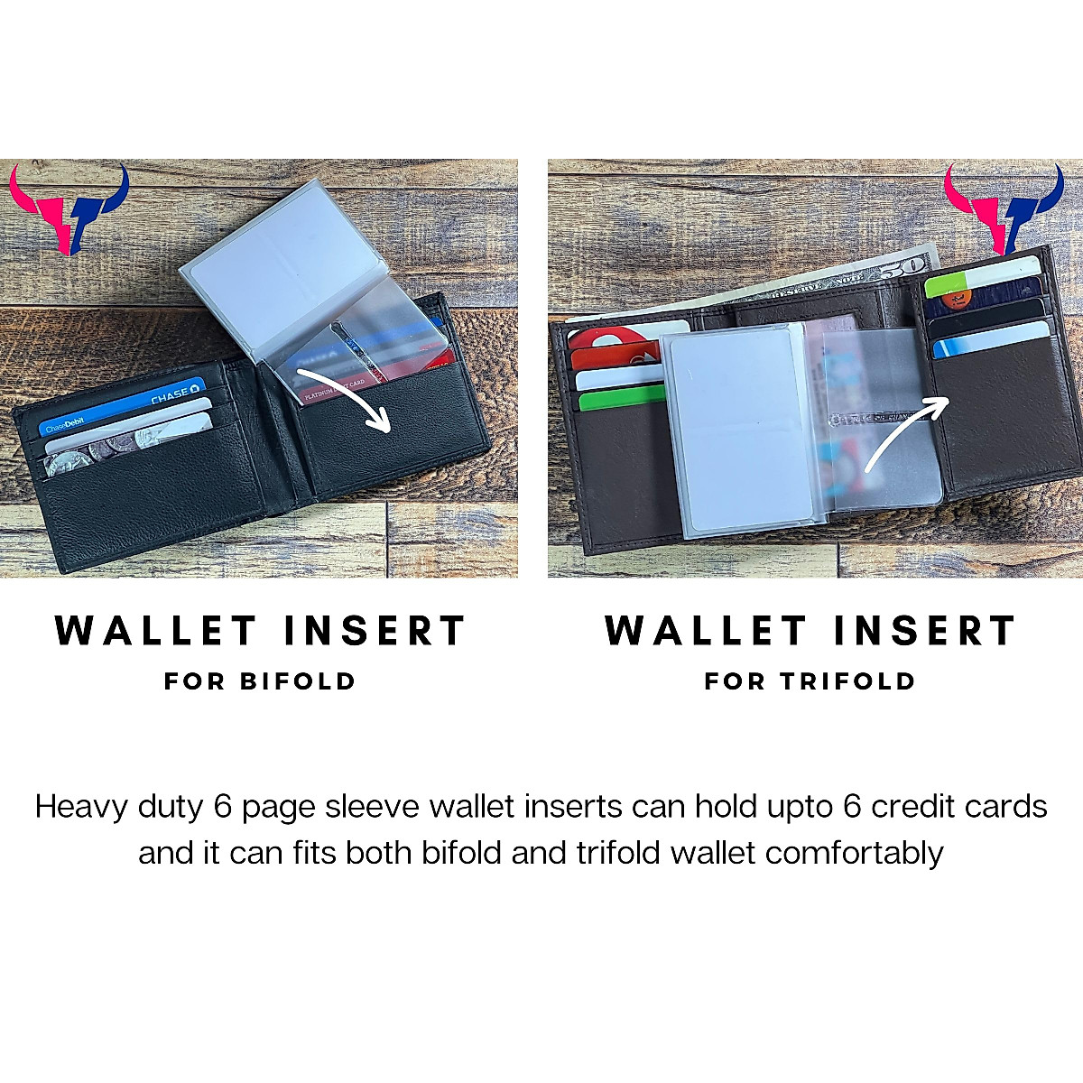 Set of 2 Heavy Duty Vinyl 6 Pages Insert for Bifold or Trifolds Wallet MADE IN USA