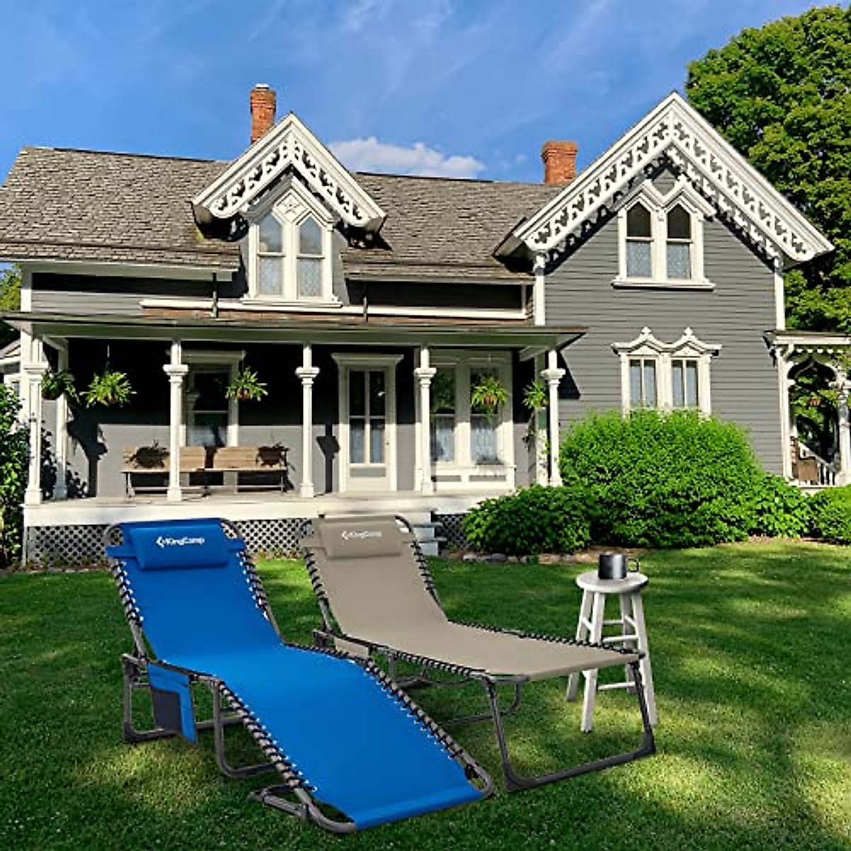 KingCamp Patio Chaise Lounge Chairs Reclining Folding Adjustable Outside with Pillow Lawn Pool Beach Sunbathing Camping Cot Outdoor, 74.8''x23.2''x14.5'', Cobalt Blue