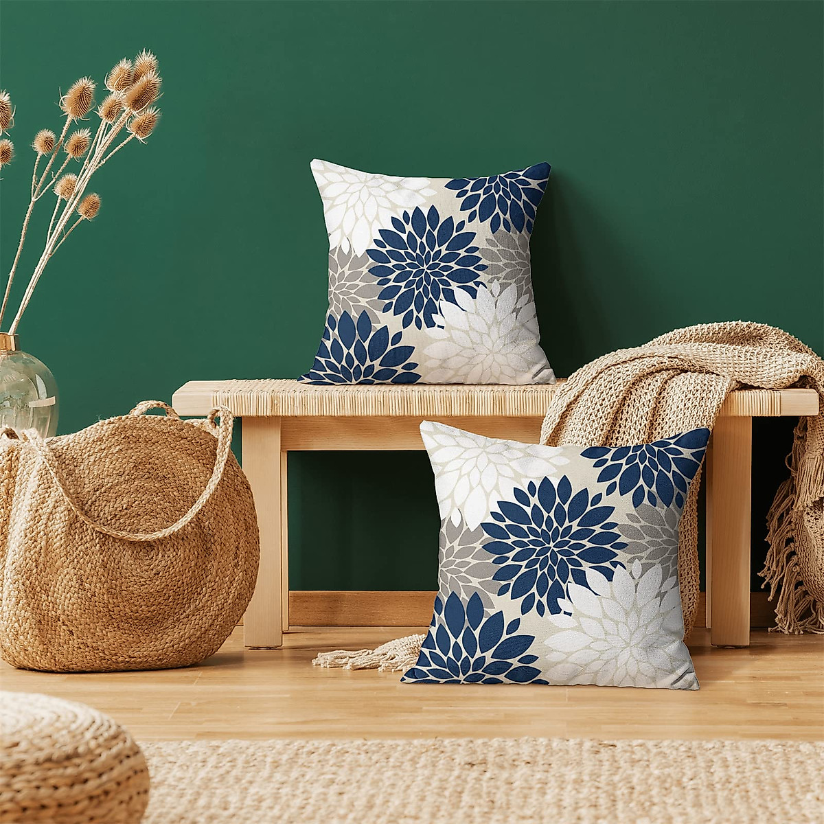 GIOPAMGO Navy Blue White Pillow Covers 18x18 Set of 2, Gray Abstract Dahlia Farmhouse Decorations Throw Pillow Covers Geometry Design Summer Outdoors Decorative Linen Cushion Case for Couch Sofa Home