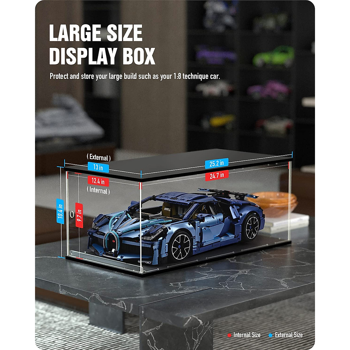 Nifeliz Acrylic Display Box for Scale 1:8 Big Model Cars, Building Toy Car Organizer and Storage, Gifts for Large Car Model Colle ctors (25.2Lx13WX10.4H in)