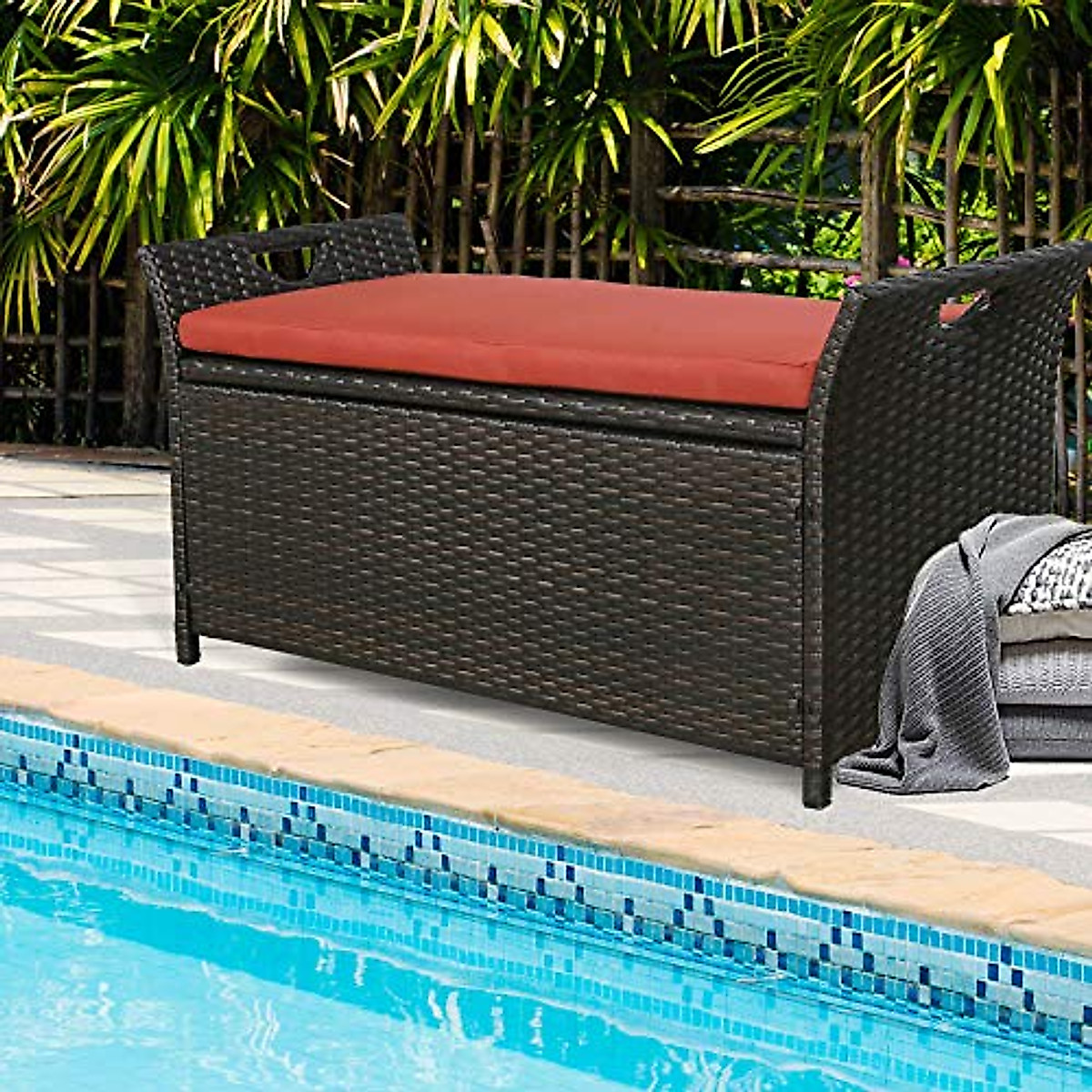 PEAK HOME FURNISHINGS Patio Wicker Storage Box, Outdoor Rattan Storage Bench Deck Bin with Cushion (Red)