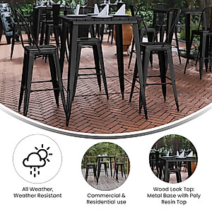 EMMA + OLIVER Drew Dining Table Bar Height - Black 31.5" Square Poly Resin Table Top - Black Steel Base - All-Weather for Indoor/Outdoor Use