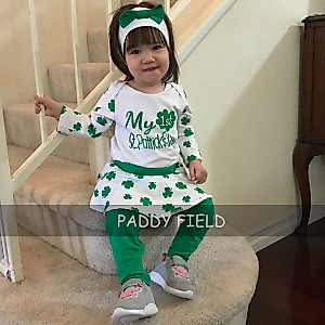 LENSOUS Baby Girls Romper Outfit 1st St Patrick's Day Long Sleeve Clothes Green Skirt Newborn Dress Bodysuit Pants Set (3-6 M)