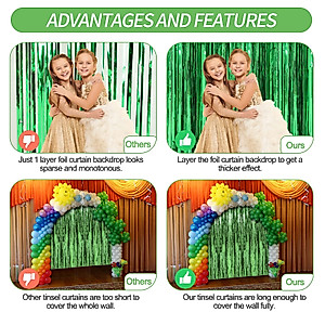 Crosize 3 Pack 3.3 x 9.9 ft Green Foil Fringe Backdrop Curtain, Streamer Backdrop Curtains, Streamers Birthday Party Decorations, Tinsel Curtain for Parties, Galentines Decor, Preppy, Photo Booth