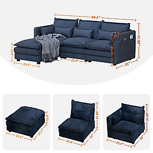 Modular Sectional Sofa, Convertible L Shaped Couch, 4 Seat Sofa Set with Chaise, Comfy Cloud Couches for Living Room, 110 inch Width Modern Sofa Couch, Chenille (Dark Blue, 3 Seats with Ottoman)