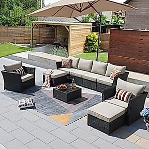 ovios Patio Furniture Set 9 PCS Outdoor Furniture PE Rattan Wicker Sectional Set with 2 Pillows and Coffee Table Backyard Garden Sofa Set, No Assembly Required (Beige)