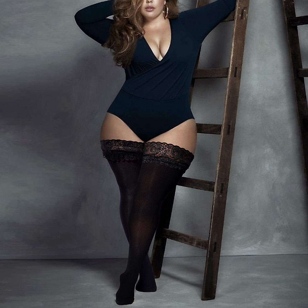 Neoviancia Plus Size Thigh High Stockings Women Sheer Lace Top Stay Up Pantyhose 55D Lingerie Thigh Highs Valentine's Day Stockings