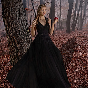 Jewelili Enchanted Disney Fine Jewelry Black Rhodium over Sterling Silver and 10K Rose Gold 1/5 CTTW Black and White Diamond with Red Garnet Evil Queen Ring