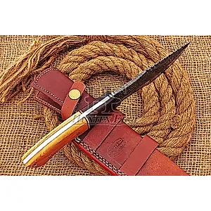 HUNTEX Handmade Exposed Hand-Forged Ladder Pattern Damascus Steel 10 Inch Long Full Tang Oak Wood Handle Razor Sharp Hunting Camping Tracker Knife w/Genuine Leather Pouch