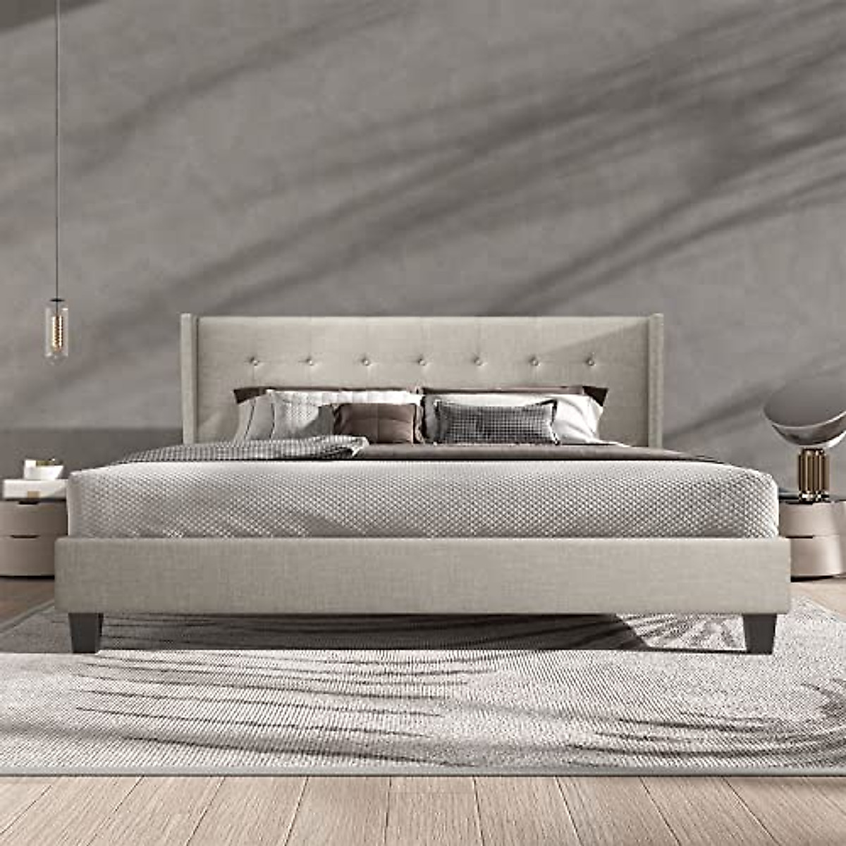 BONSOIR Bed Frame Upholstered Traditional Low Profile Platform with Wing Back Headboard/No Box Spring Needed/No Bed Skirt Needed/Linen Fabric Upholstery/Sand (Sand, King Size)