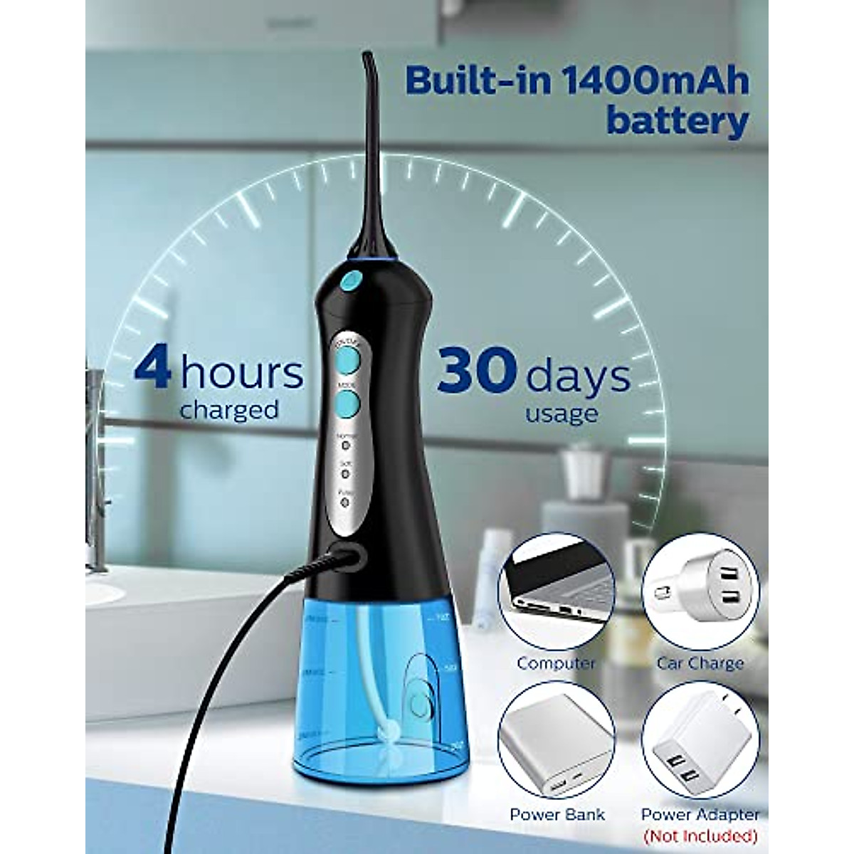 Cordless Water Flosser for Teeth Professional Water Teeth Cleaner Picks Dental Oral Irrigator with 3 Modes & 4 Jet Tips for Braces Gums, IPX7 Waterproof, 300ml Detachable Tank for Home Travel Black
