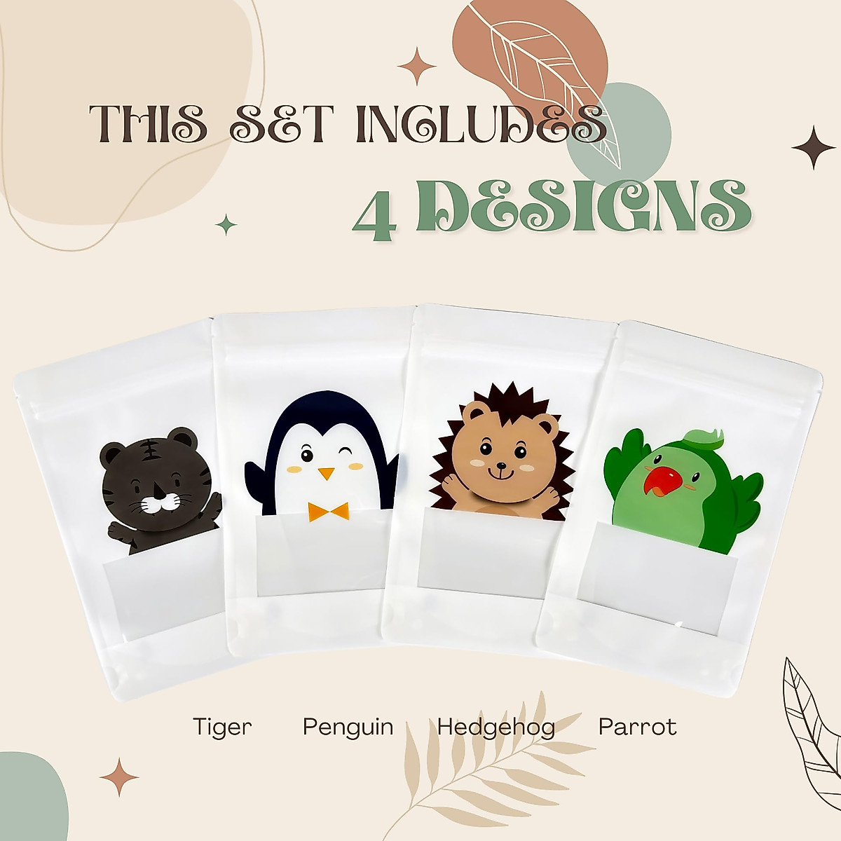 Cute Animal Goodies Bags | Reusable Stand Up Pouch with Clear Window | Zipper Closure | Resealable | Heat-Sealable | Great for Gift & Small Business (3 SIZE, 24, Count)